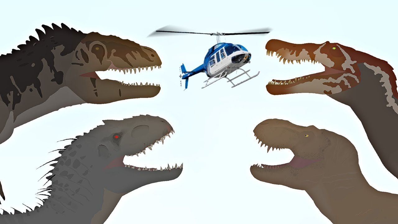 T-Rex, Spinosaurus, Indominus-Rex & Giganotosaurus see Helicopter - YouTube