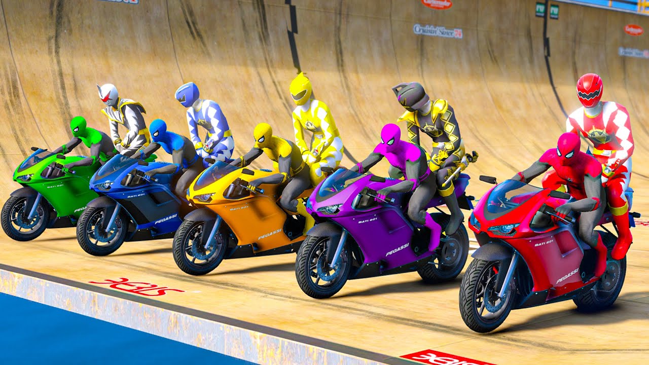 COLORS SPIDERMAN & Power Rangers | Racing Motorcycles Event Day ...