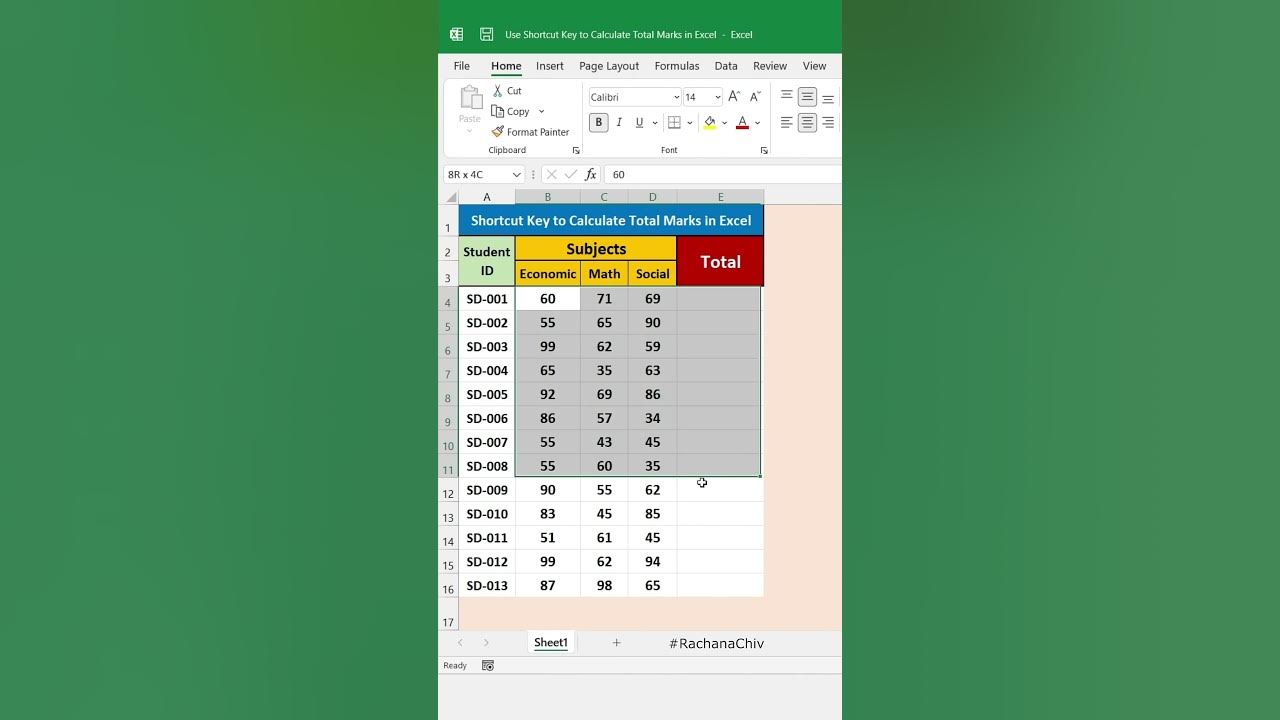 Use Shortcut Key of SUM function to Calculate Total Marks in Excel #shorts #excel #excelbasic ...