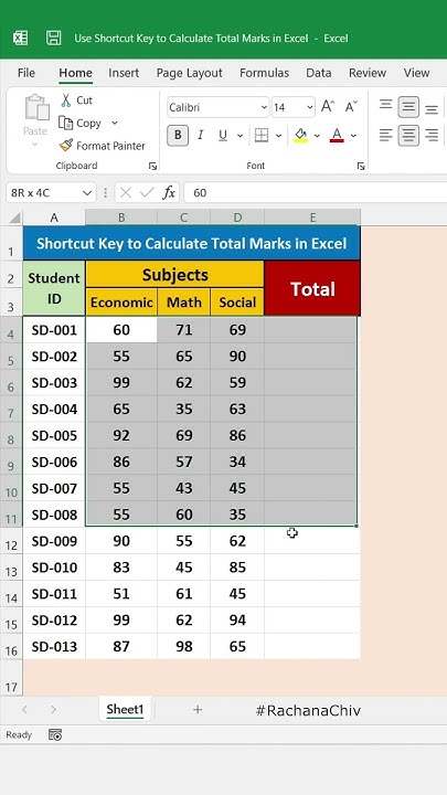 Use Shortcut Key of SUM function to Calculate Total Marks in Excel #shorts #excel #excelbasic ...