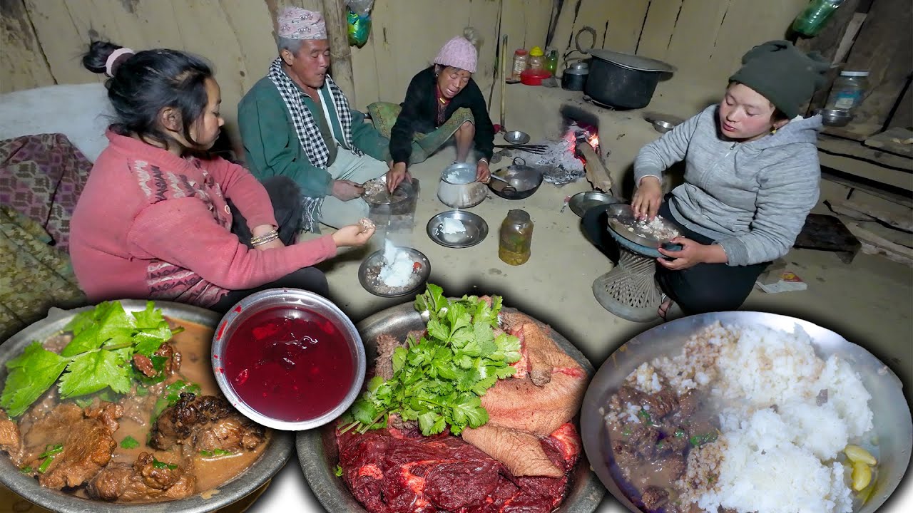 Buff Recipe with blood & Rice Eating in Village kitchen || Village life ...