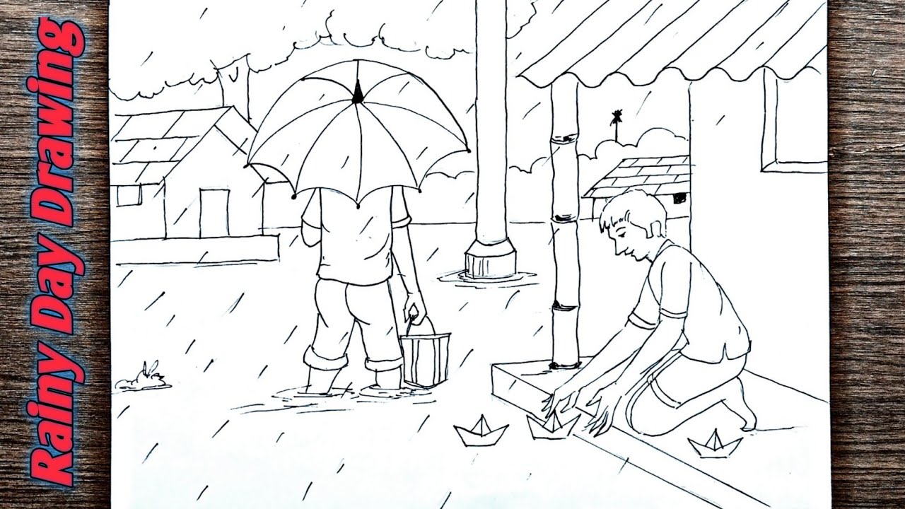 Rainy Season Drawing | Rainy Day Drawing | Monsoon Scenery Drawing with ...