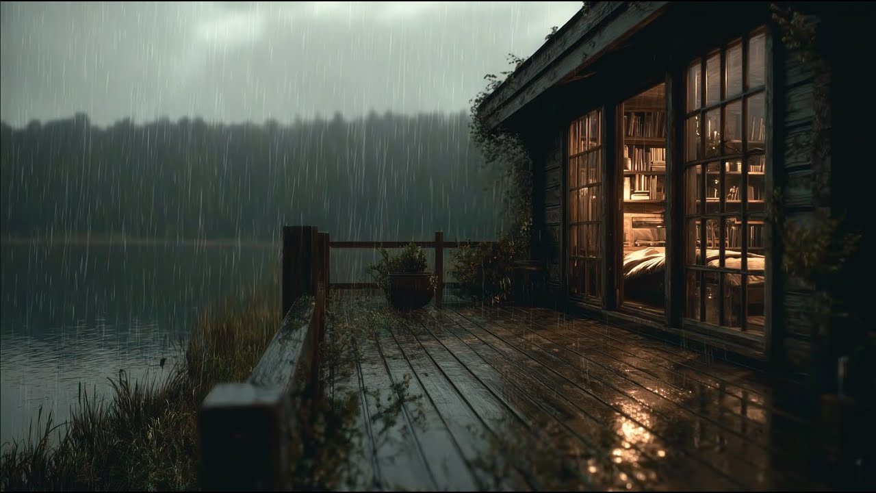 Cozy Lake Cabin Rain 🌧️🔥 Relaxing Rain Sounds on Glass Windows by the ...