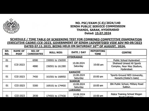 SPSC Upload Timetable/Schedule of Screening Test for CCE (Executive ...