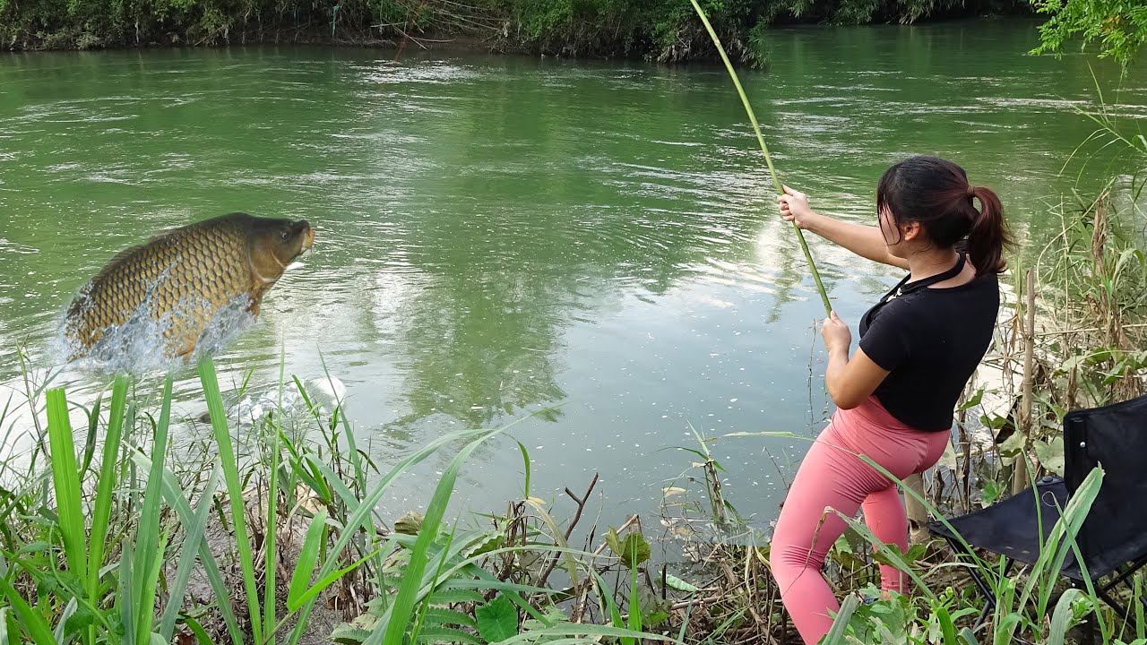 Girl Fishing | Beautiful Girl Hunting Carp in the Stream | Best Fishing ...