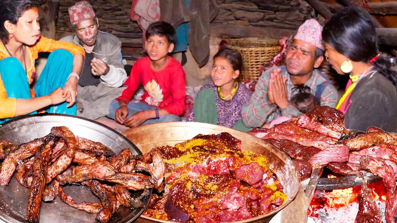 dharme brother's family cooking buff roast and eating || Rural Nepal ...