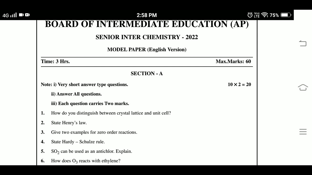 Ap Inter 2nd year Chemistry paper 2022 | Ap inter 2nd year Chemistry ...