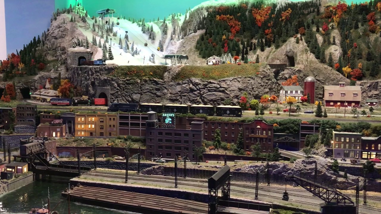 5 Trains running in New England model railroad display - YouTube