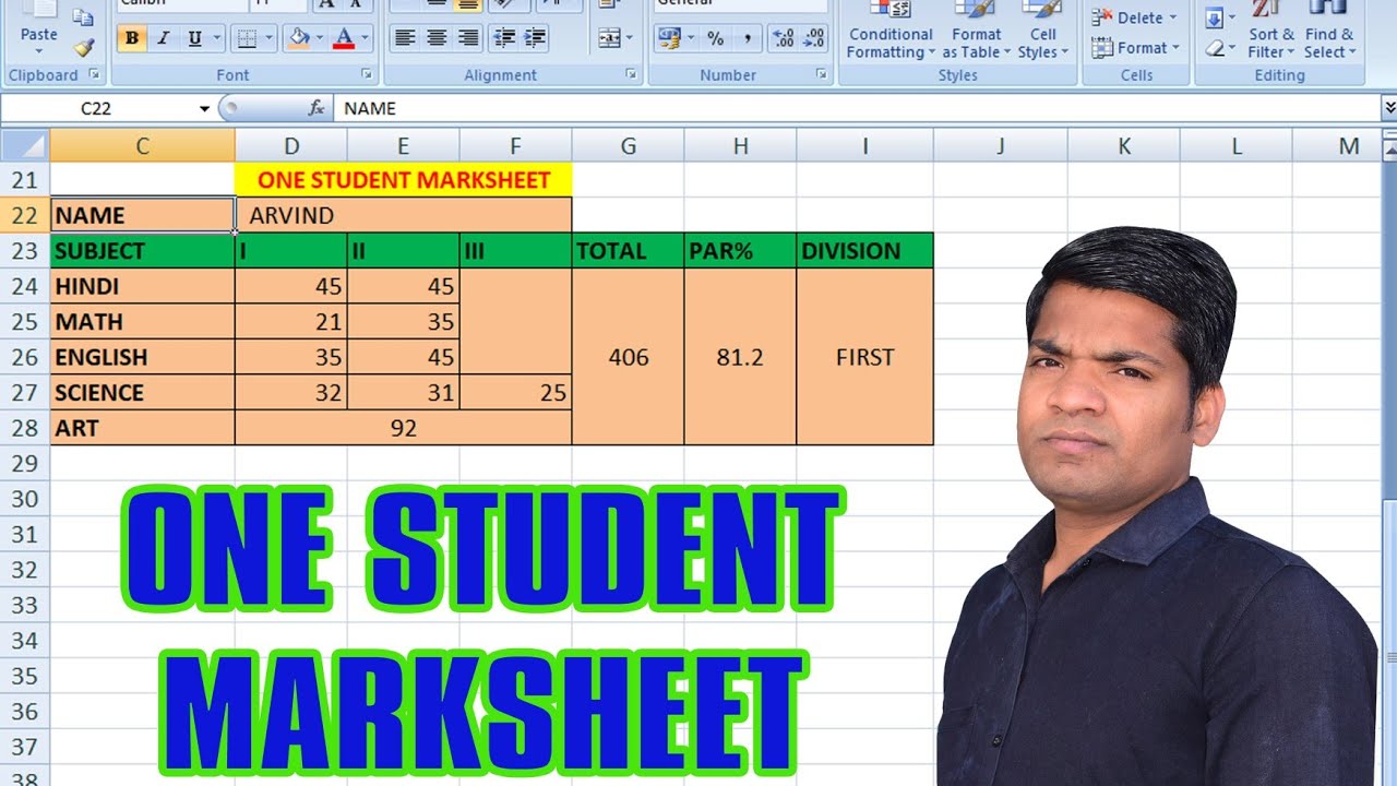 MS EXCEL ONE STUDENT MARKSHEET - YouTube