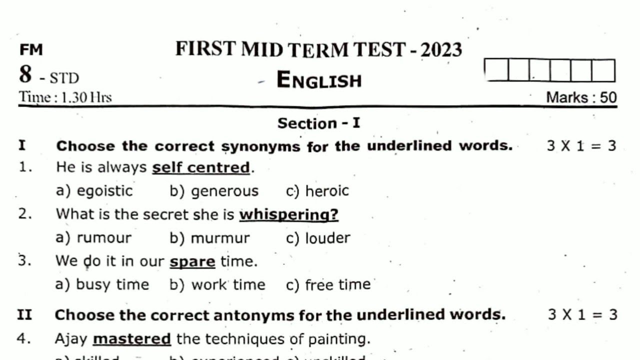 8th English First midterm exam question paper 2024 - YouTube