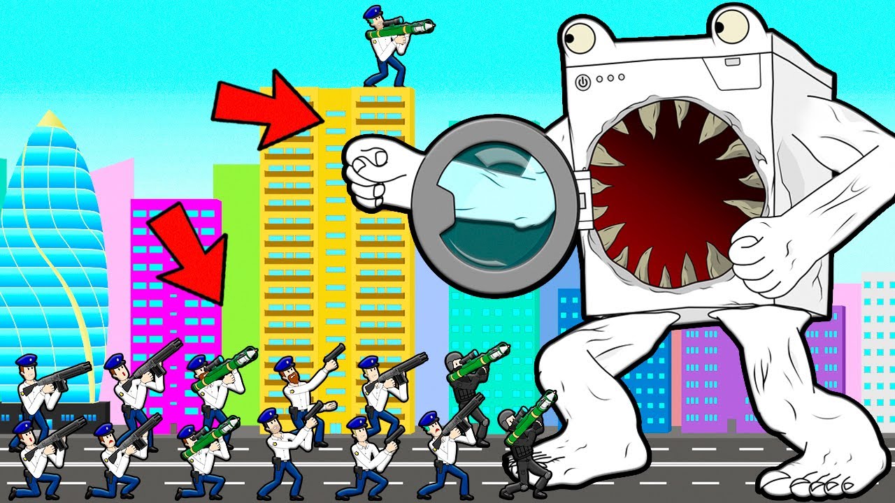 HUGE WASHING MACHINE EATER ATTACK CITY! HUGE MONSTER VS ARMY OF HUMANS ...