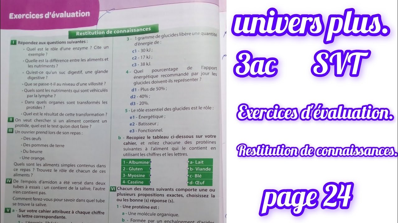 univers plus svt: exercices d'évaluation page 24 ; 3AC. - YouTube