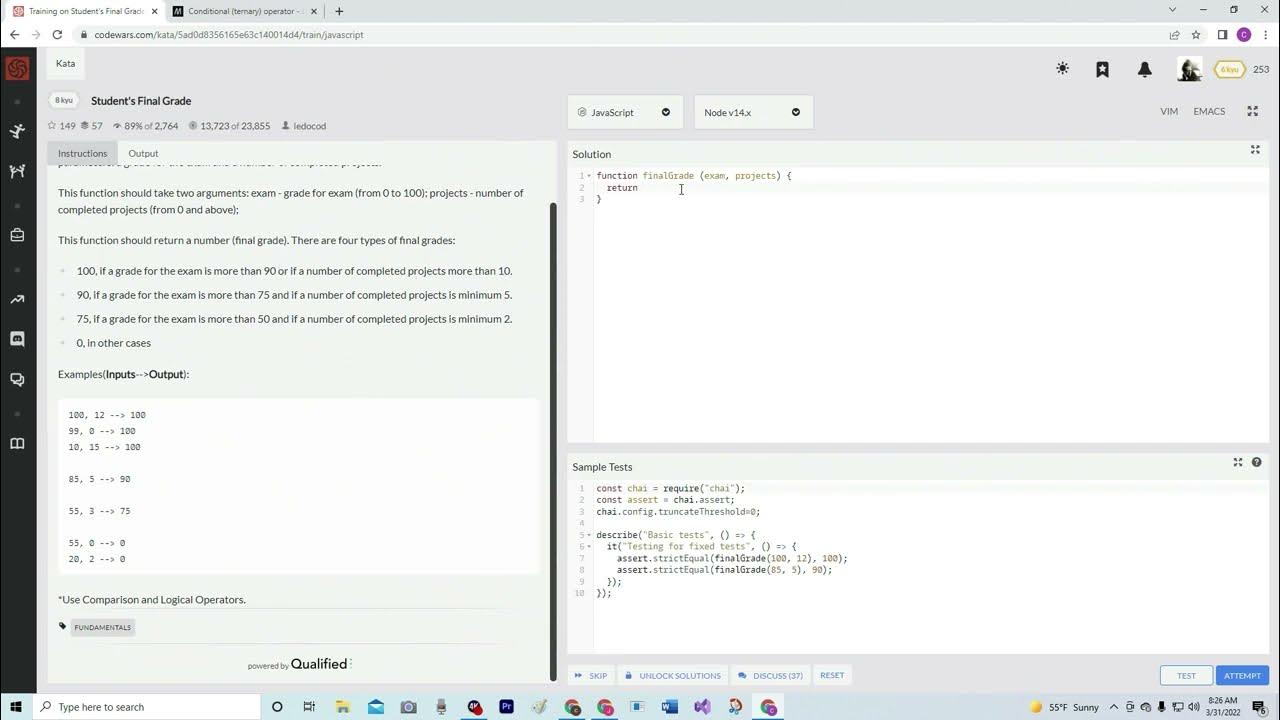 Codewars 8 kyu Student's Final Grade JavaScript - YouTube