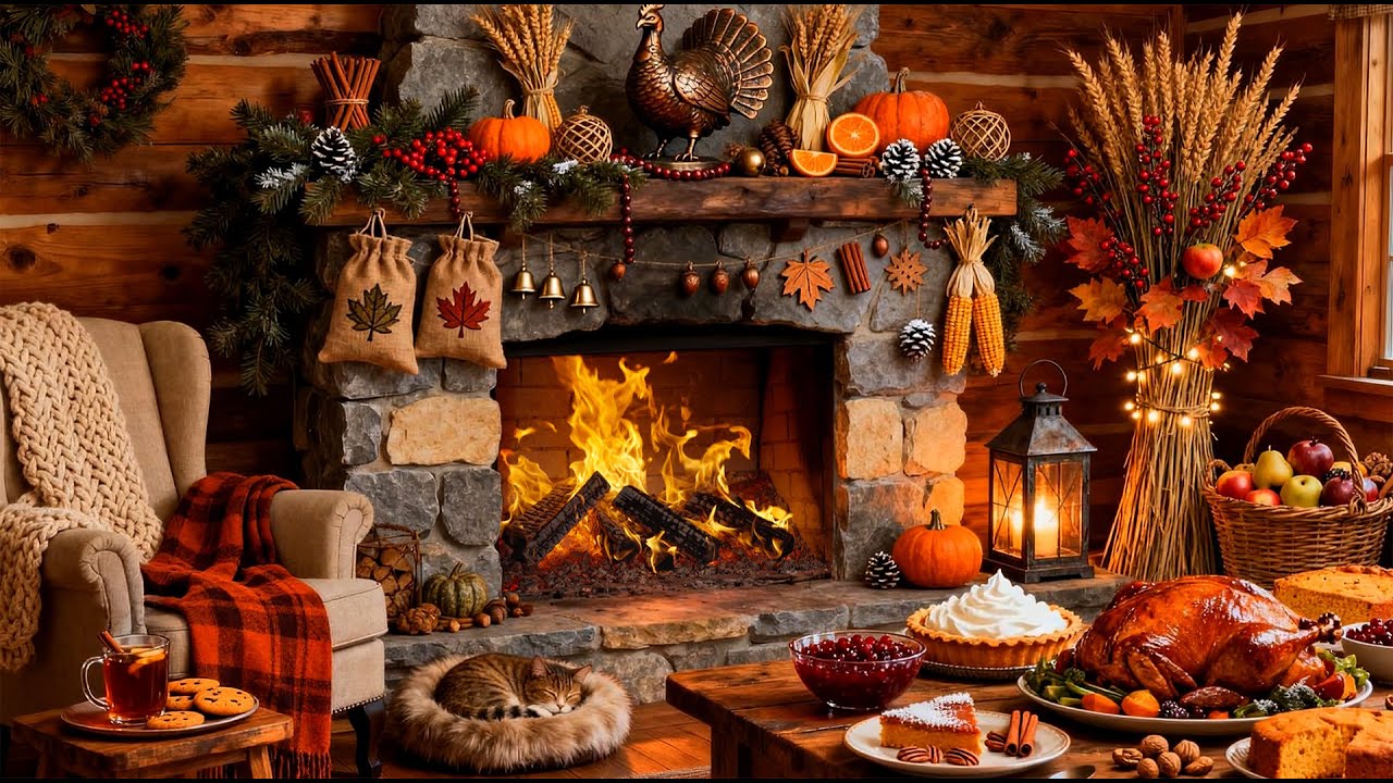 🔥 Thanksgiving Fireplace Ambience 4K —Dinner & Relaxing Crackling Fire ...