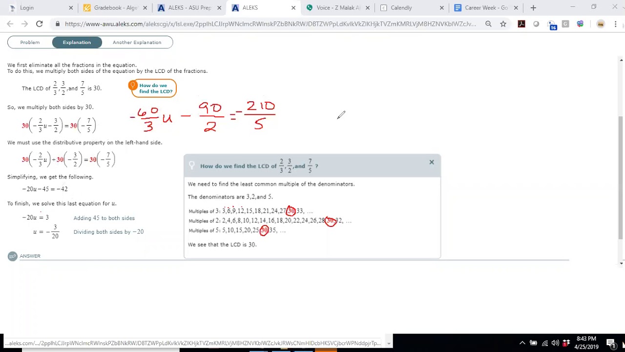 ALEKS Solving a two-step equation with signed fractions (Explanation ...