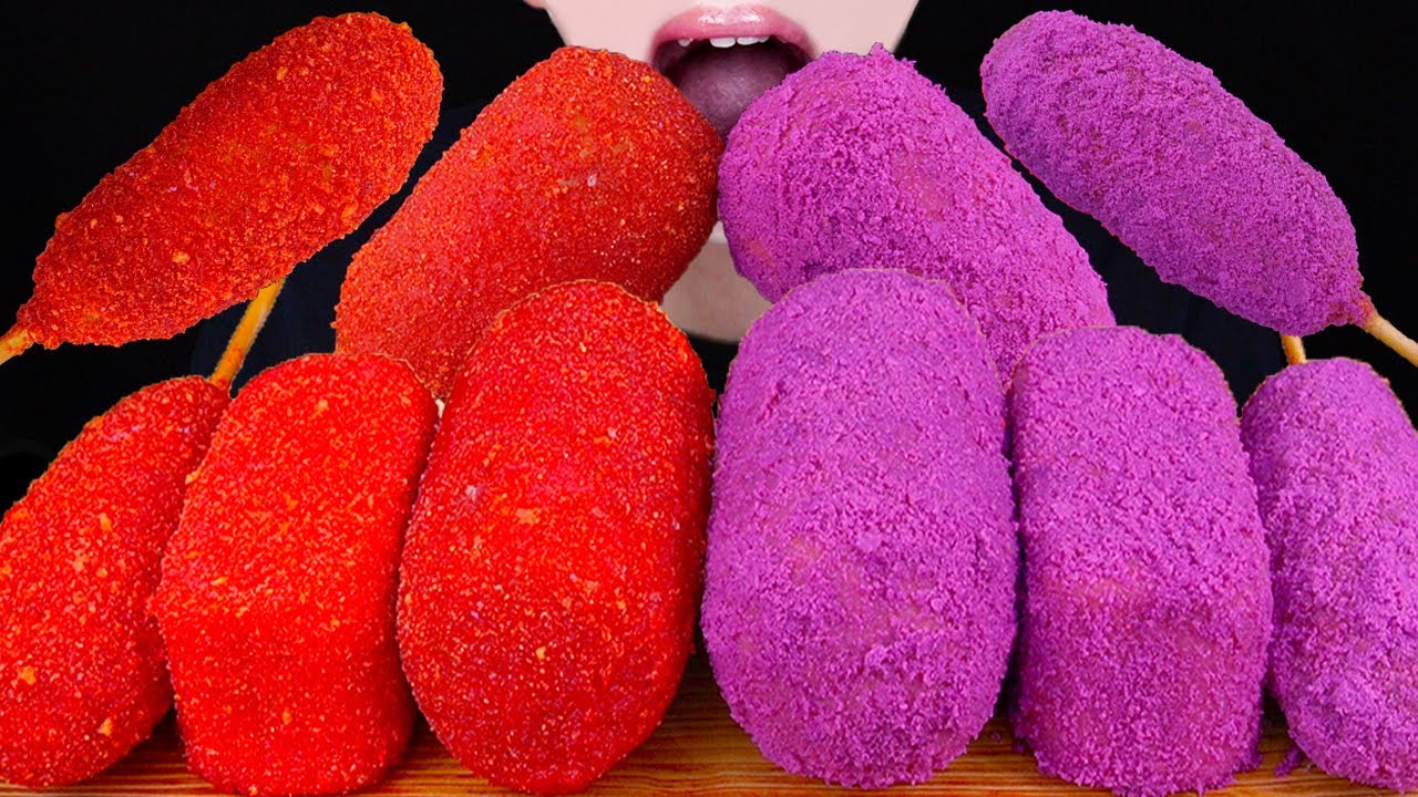 ASMR HOT CHEETOS GIANT SAUSAGE SPAM CORN DOGS RECIPE RED VS PURPLE ...