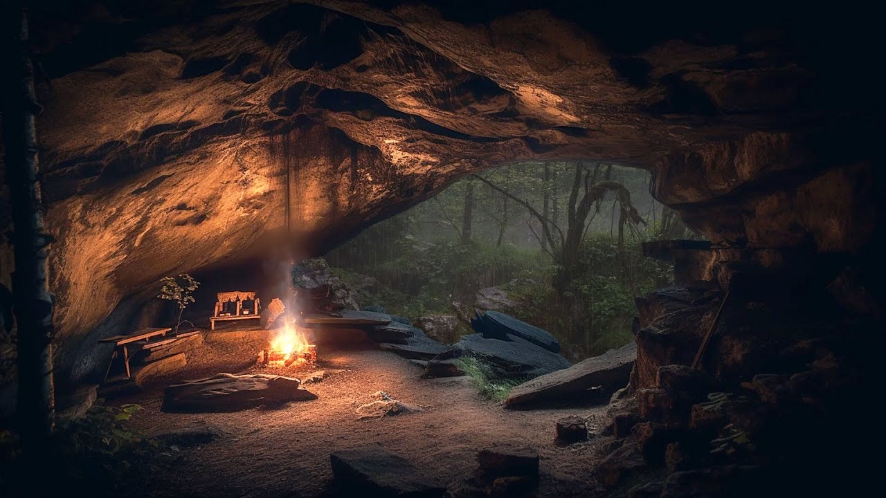Hiding from a Heavy Rain and Thunderstorm in a Cozy Cave with Fireplace ...