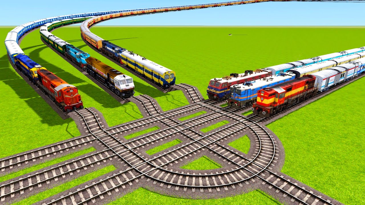 THREE U SHAPE FLYING RAILWAY TRACKS TRAINS VS THREE DIAMOND RAILROAD ...