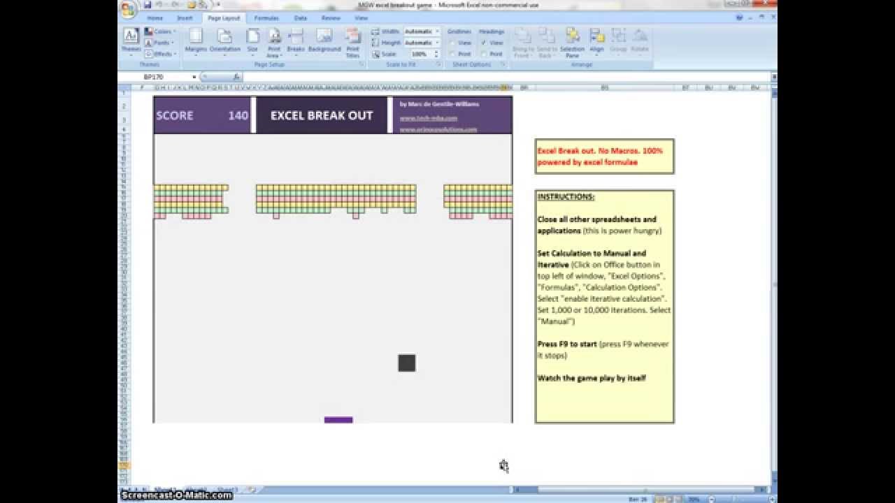 Excel Breakout Game - No Macro VBA, 100% powered by formulas - YouTube
