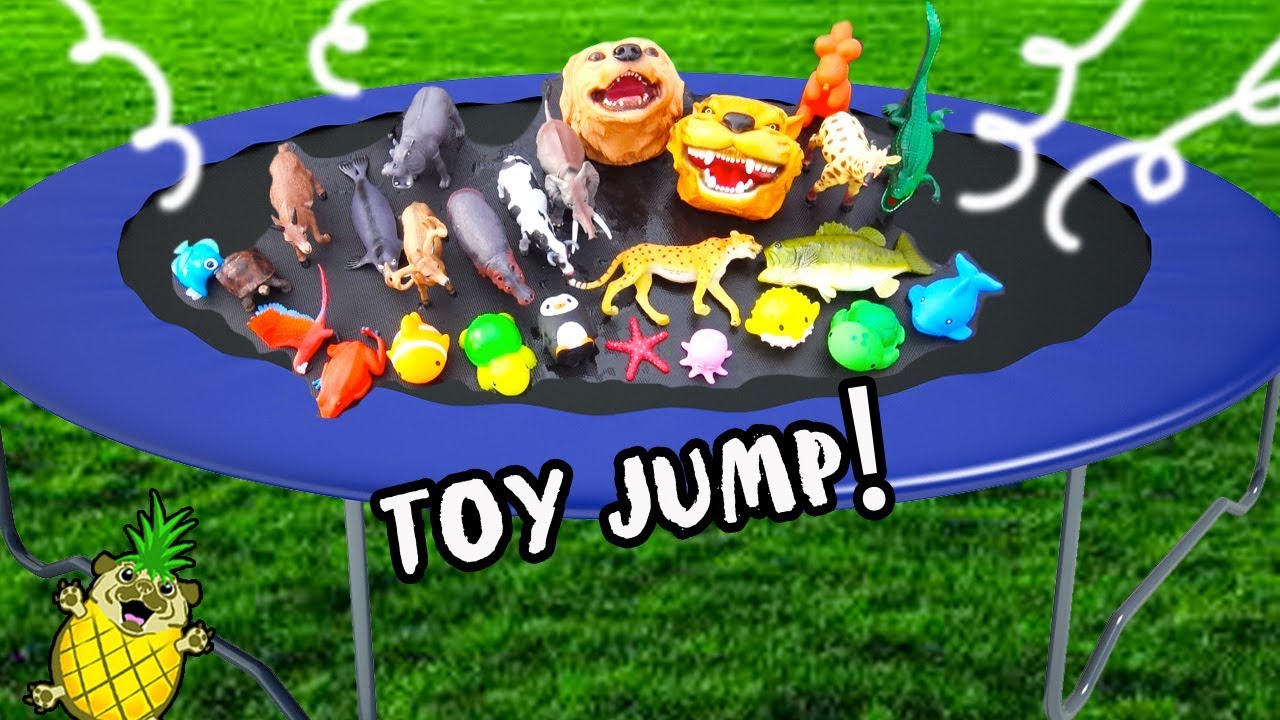 Animal Toys Jump in TRAMPOLINE! Learn ZOO Animals with Puggy Pineapple ...