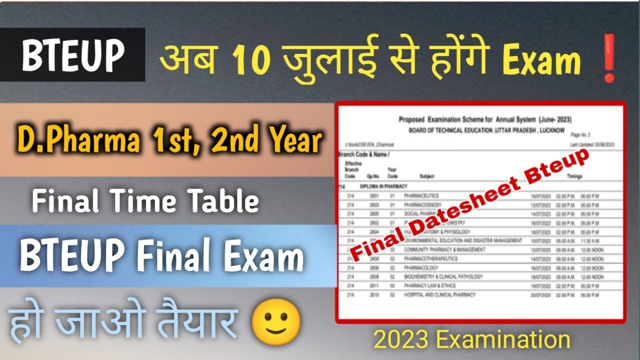 BTEUP Exam Time Table 2023. D.Pharma exam final datesheet release ...