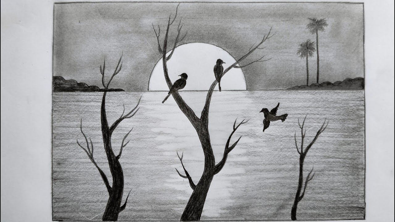 Draw a simple sunset with pencil/Vẽ tranh phong cảnh hoàng hôn bằng bút ...