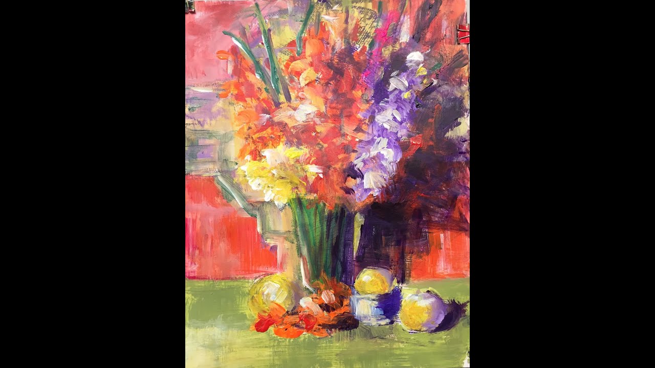 Painting a warm red still life scene with a vase of flowers - YouTube