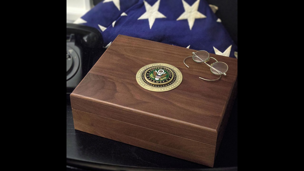 Engraved US made walnut military keepsake boxes - YouTube