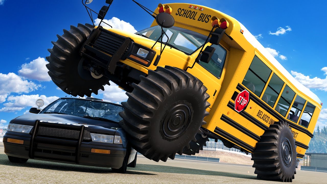 I Used MONSTER TRUCK TIRES on a School Bus to Crush Police in BeamNG ...