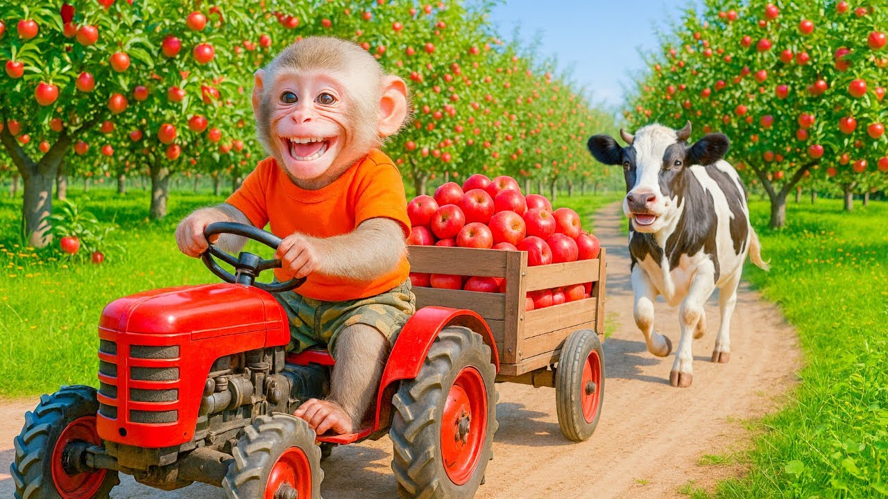 Happy Monkey Harvests Apples with a Friendly Cow! - Monkey Farm Work ...