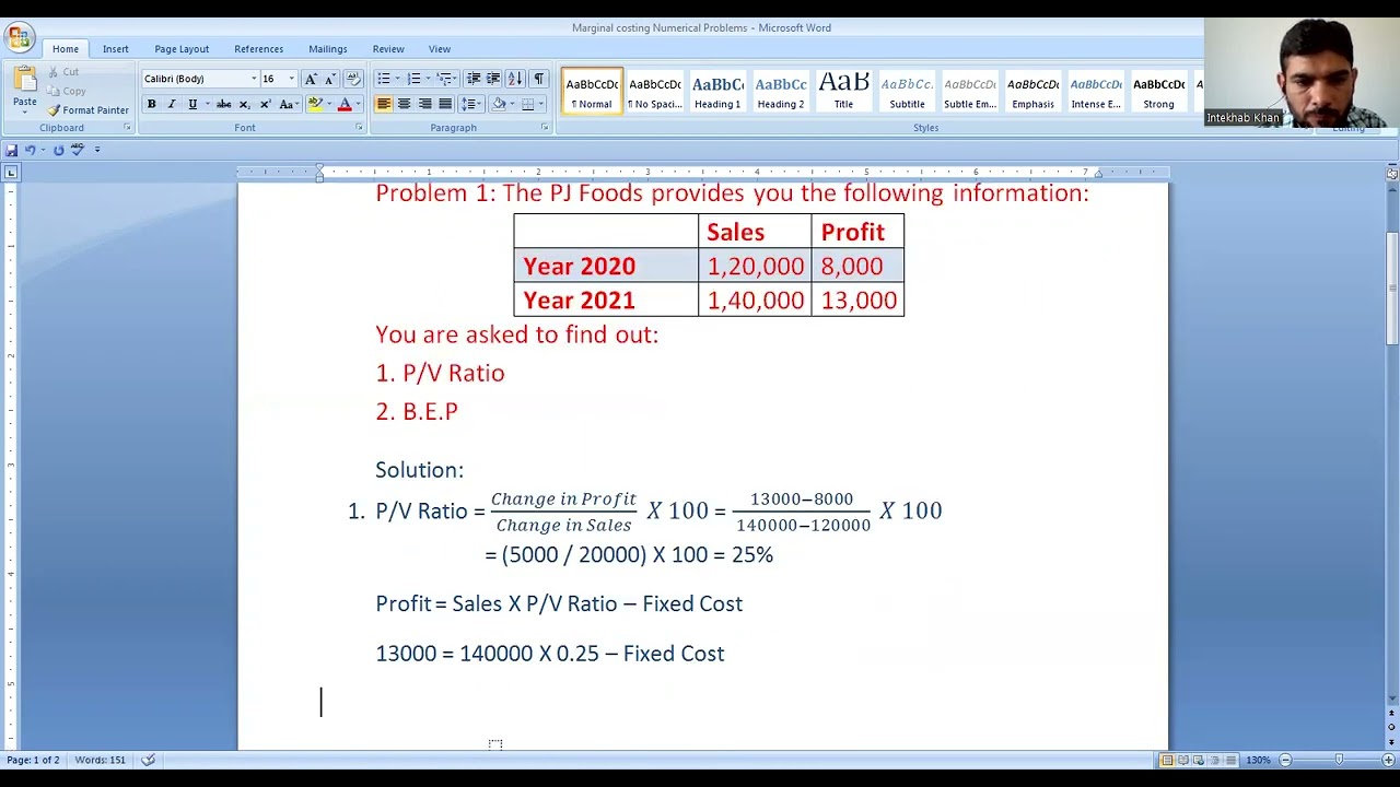 PV Ratio / Profit Volume Ratio / BEP / Break Even Point # ...