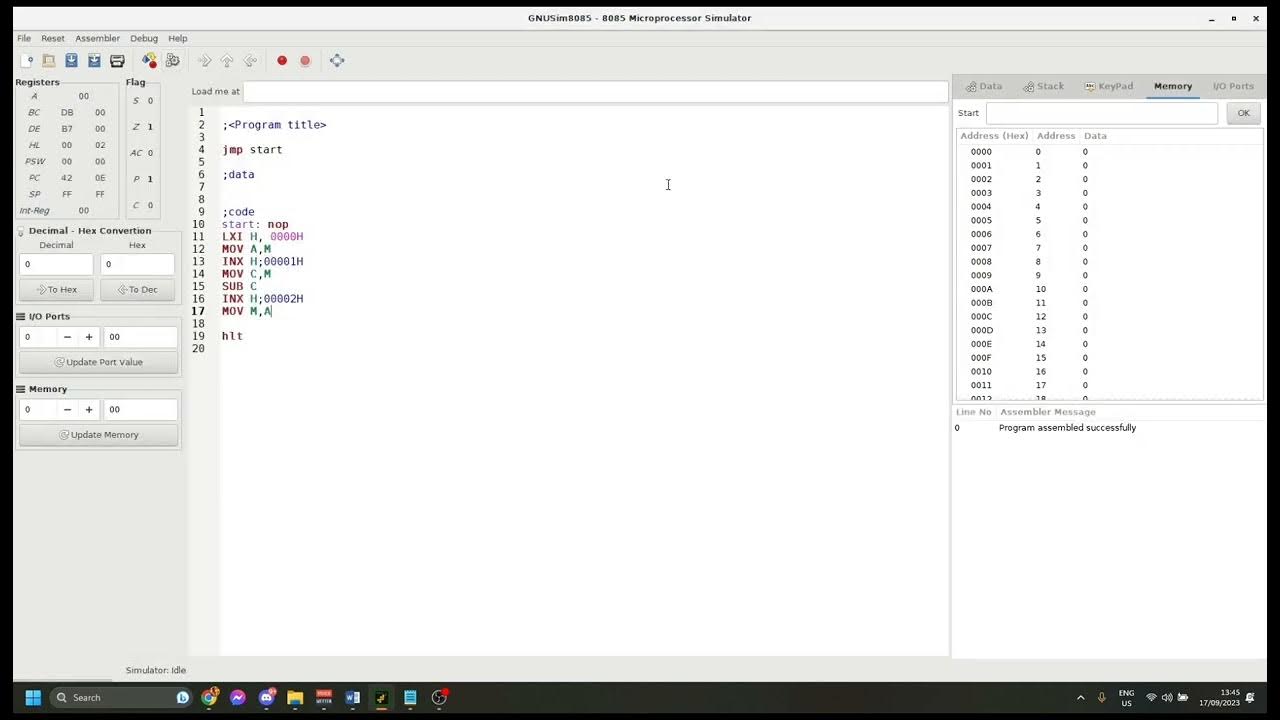 Implementing arithmetic instructions for SUB algorithm in GNUsim8085 - YouTube