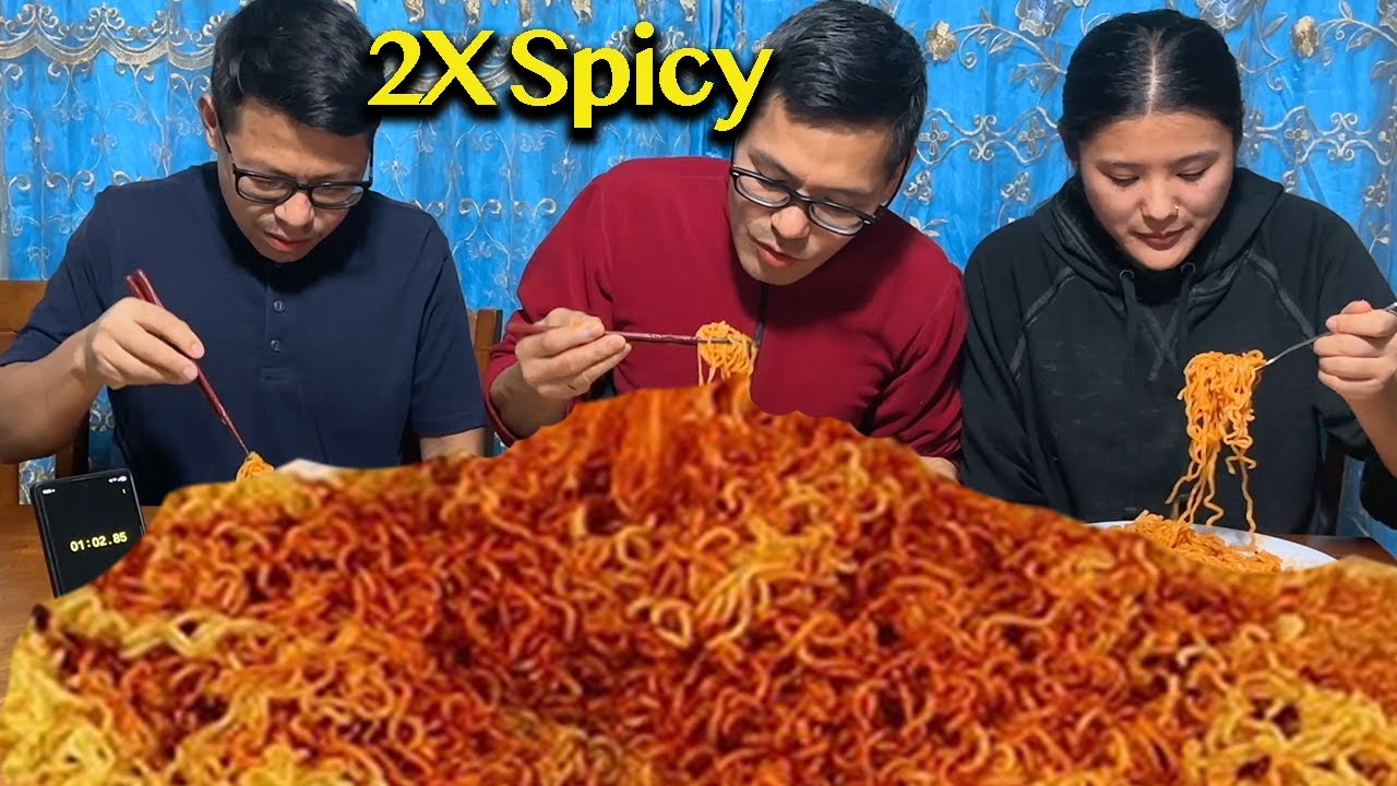 2X Spicy Noodles Challenge With Full Family Mukbang Style | EXTREMELY ...