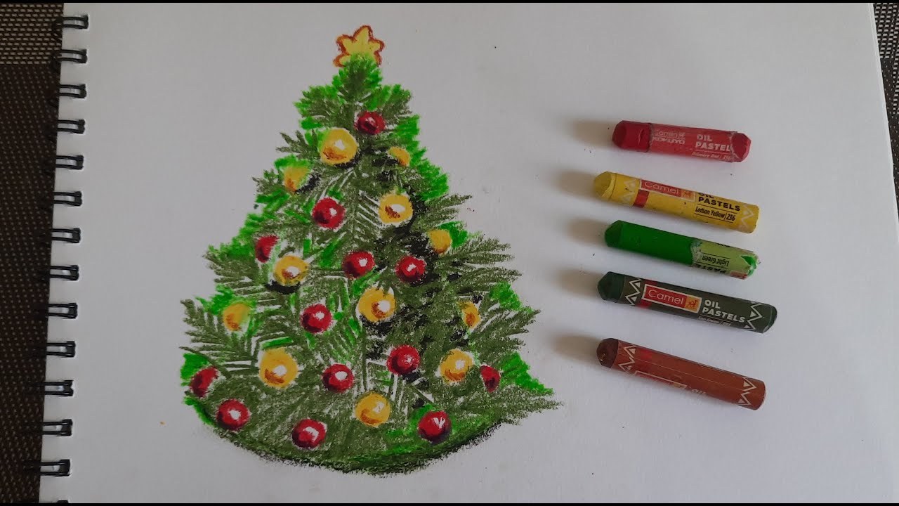 Christmas tree drawing with oil pastels | Sketch drawing oil pastel art ...