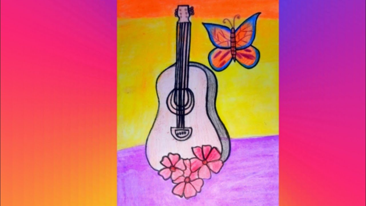 How to draw a beautiful guitar with butterfly।।step by step easy ...