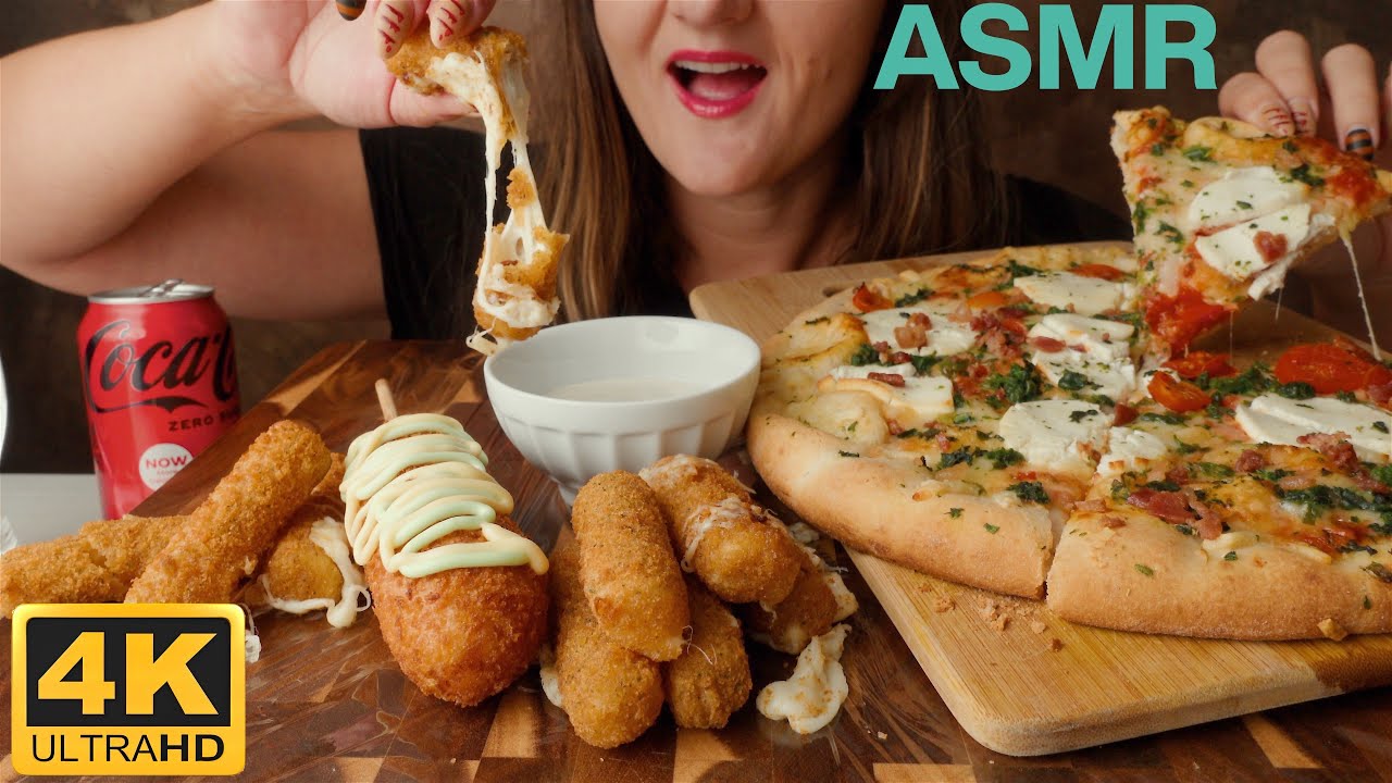 ASMR EATING PIZZA, MOZZARELLA STICKS, CORN DOG (NO TALKING) 먹방 EATING ...