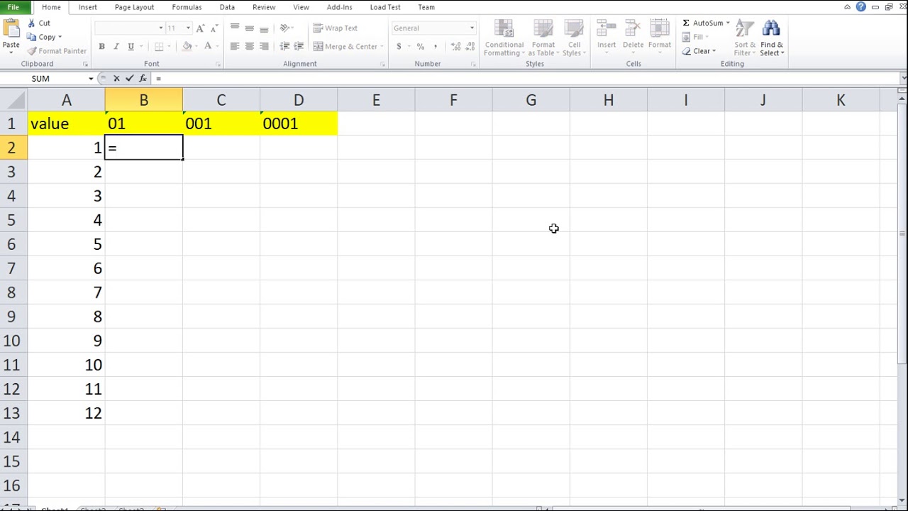 How to convert 1 to 01, 1 to 001, 1 to 0001 excel text function - YouTube