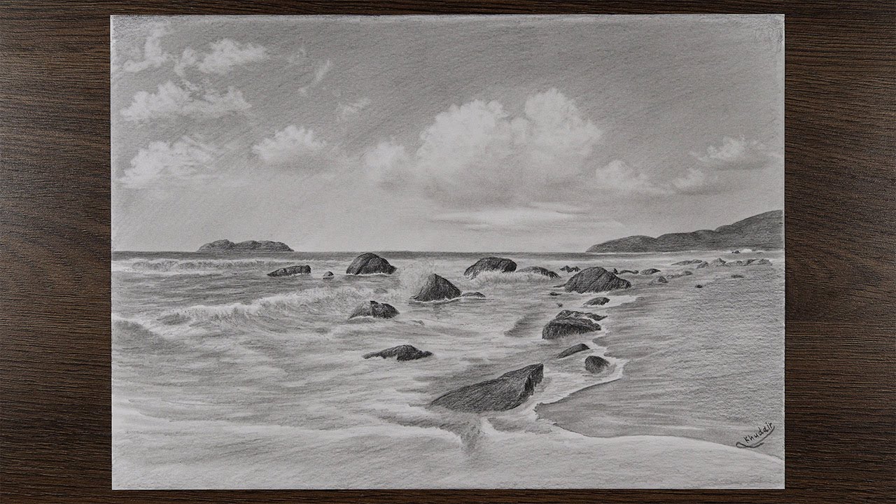 How To Draw waves Rocks and clouds with A PENCIL || Beautiful Landscape ...