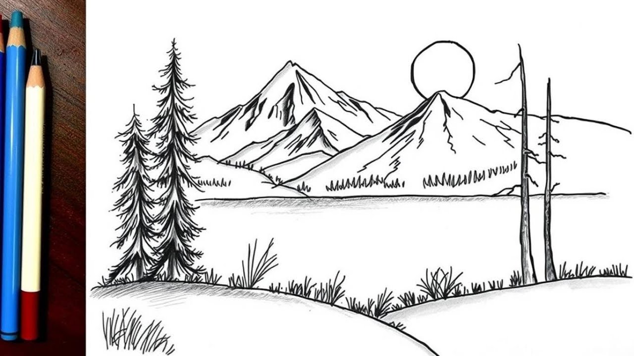 Easy landscape scenery How to draw landscape freehand drawing for ...