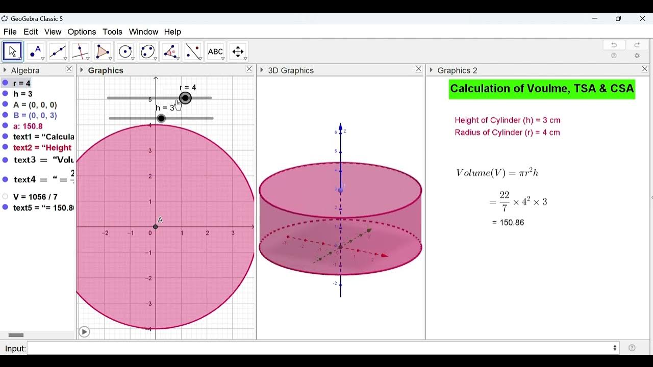 GeoGebra- Cylinder Volume, TSA and CSA calculation - YouTube
