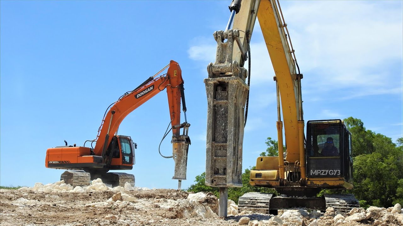 Diggers And Dump Trucks Digging New Limestone Road - YouTube