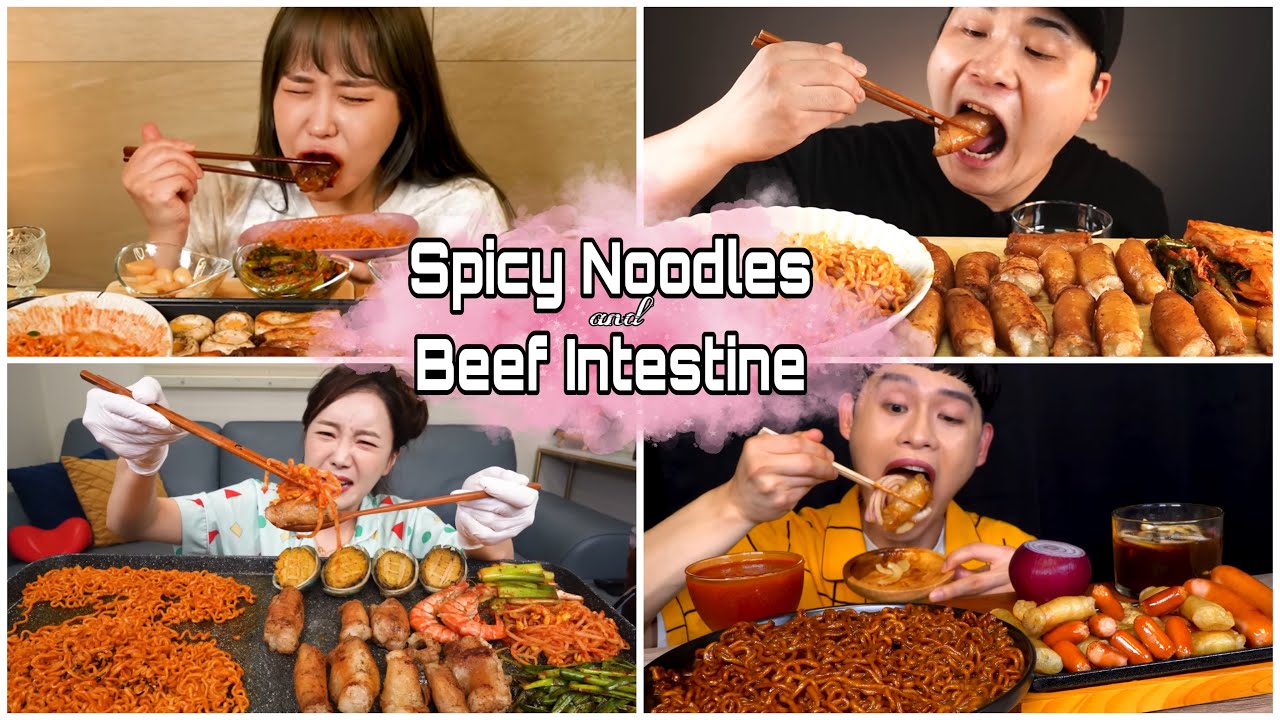 Compilation of Mukbangers who love BEEF INTESTINE and Spicy Noodles🔥 ...