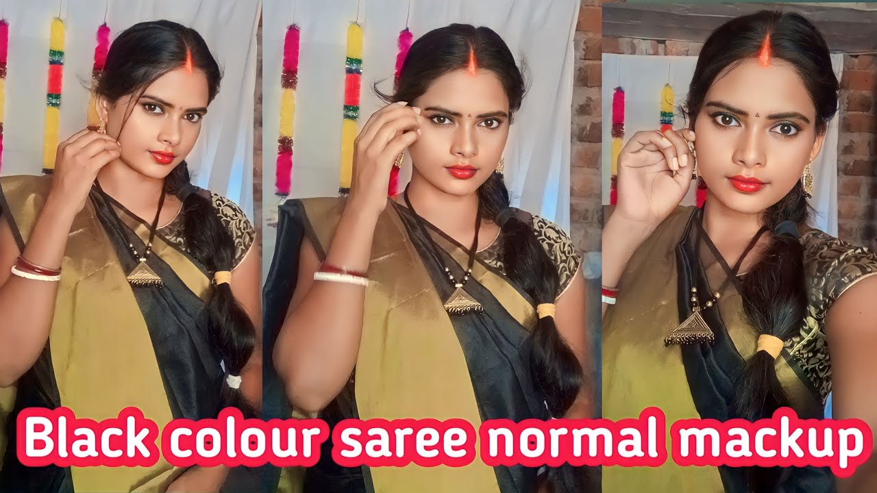 balck colour saree normal mack up look/কালো রঙের শাড়ী সাথে normal ...
