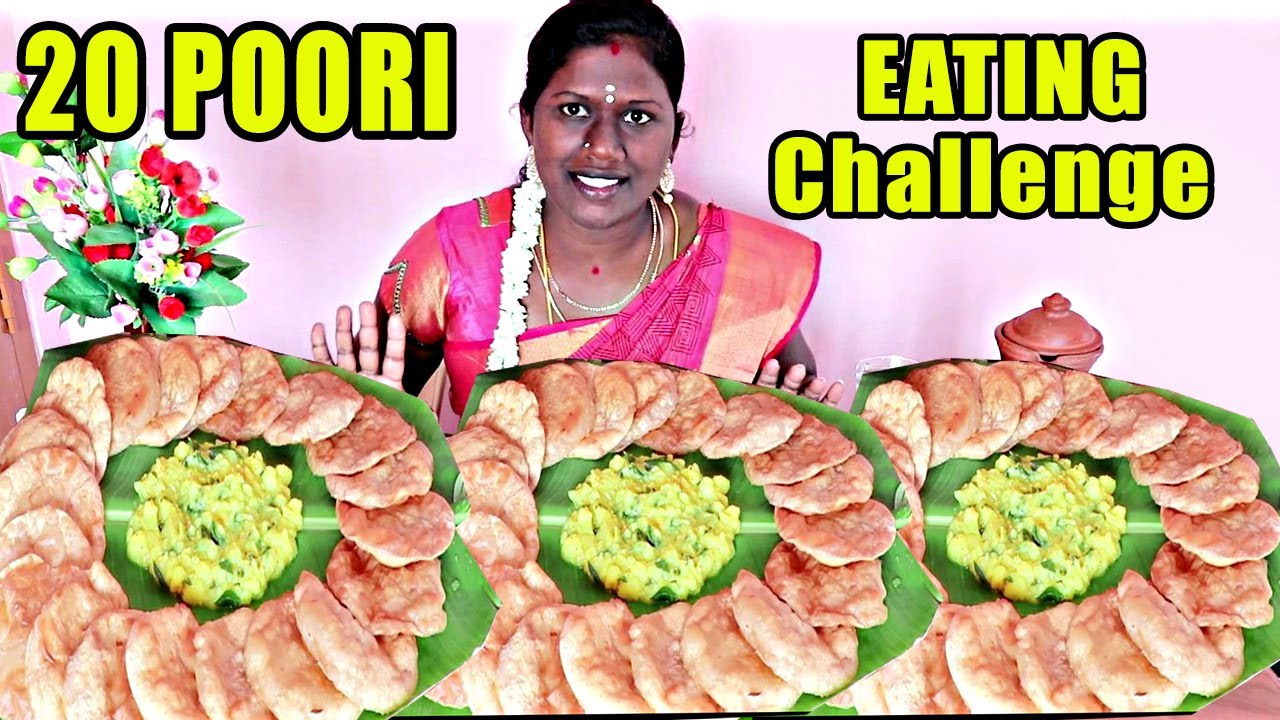 TAMIL FOODIES DIVYA MINI TIFFEN IN 20 POORI CHALLENGE / POORI MASAL ...