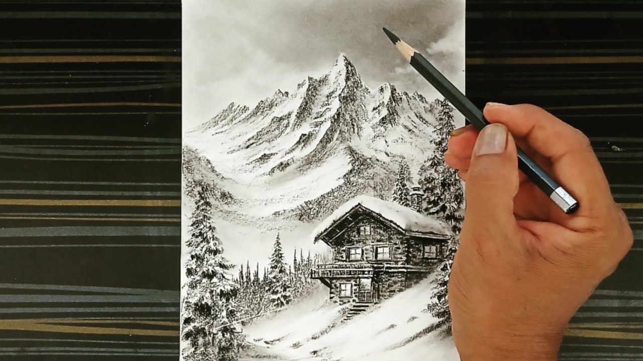 Beautiful and easy Pencil drawing scenery of snowy mountain snowy house ...
