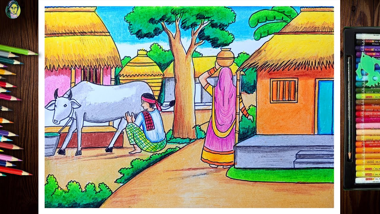 How To Draw Village Scenery With Oil Pastel | Village Drawing Easy ...