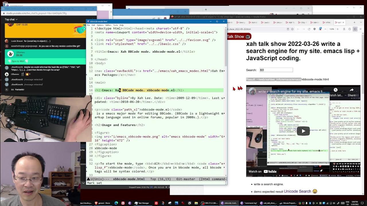 write a search engine for my site. emacs lisp + JavaScript coding. - YouTube