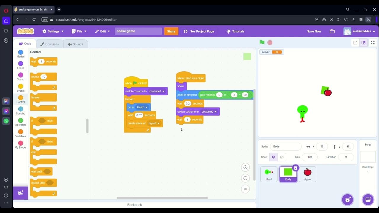 how to make snake game in scratch part2 - YouTube
