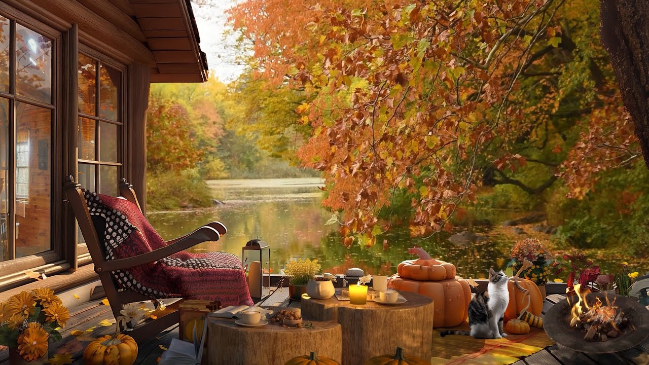Autumn Cozy Terrace with Falling Leaves, Birdsong and Relaxing Nature ...