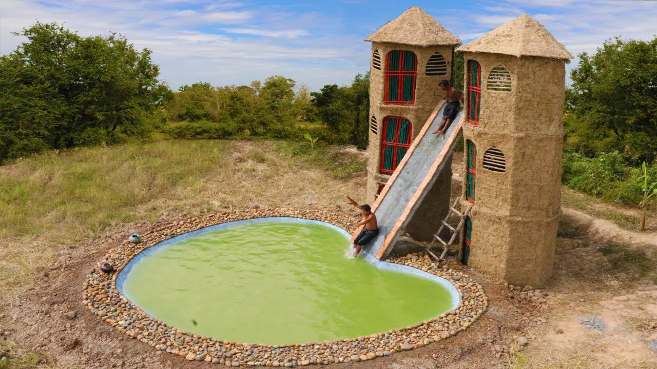 Design Swimming Pool And Water Slide For Three Story Mud Twin ...